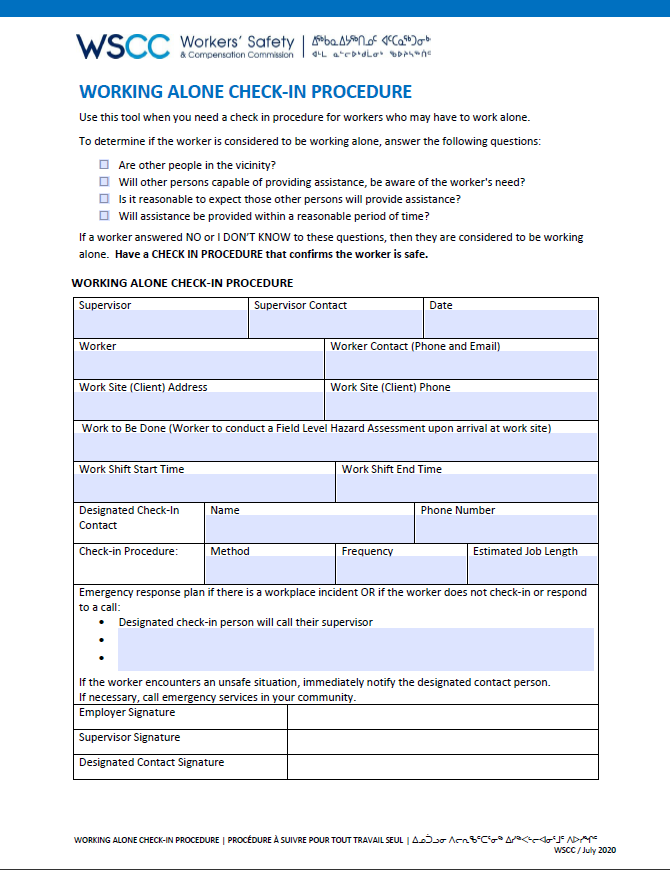 WORKING ALONE CHECK-IN PROCEDURE | WSCC | Workers' Safety and Compensation Commission